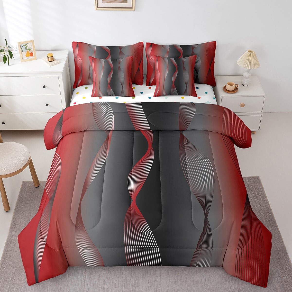 Gradient Red and Grey Black Comforter Set 7 Piece Bed in a Bag Twin ...