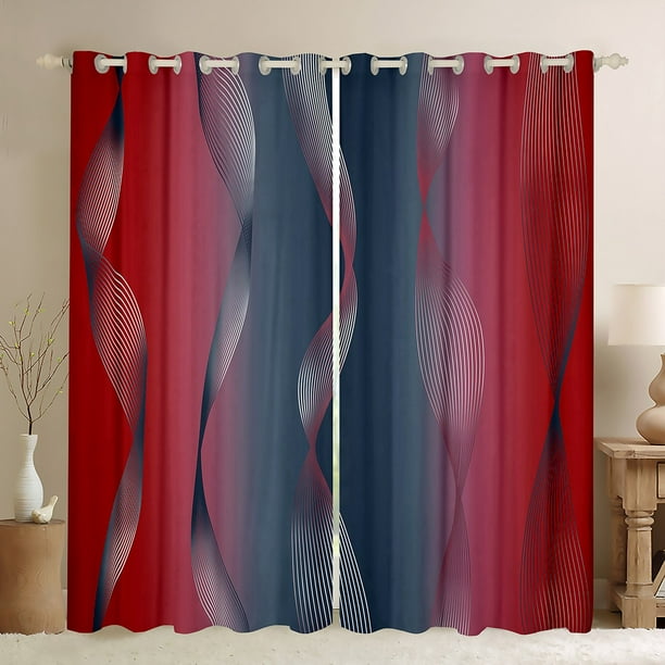 Gradient Red and Pigeon Blue Curtains Drapes 2 Panels 52 Wx63 L Silver Foil Print Wave Striped Curtains Ombre Blackout Curtains Abstract Art Room