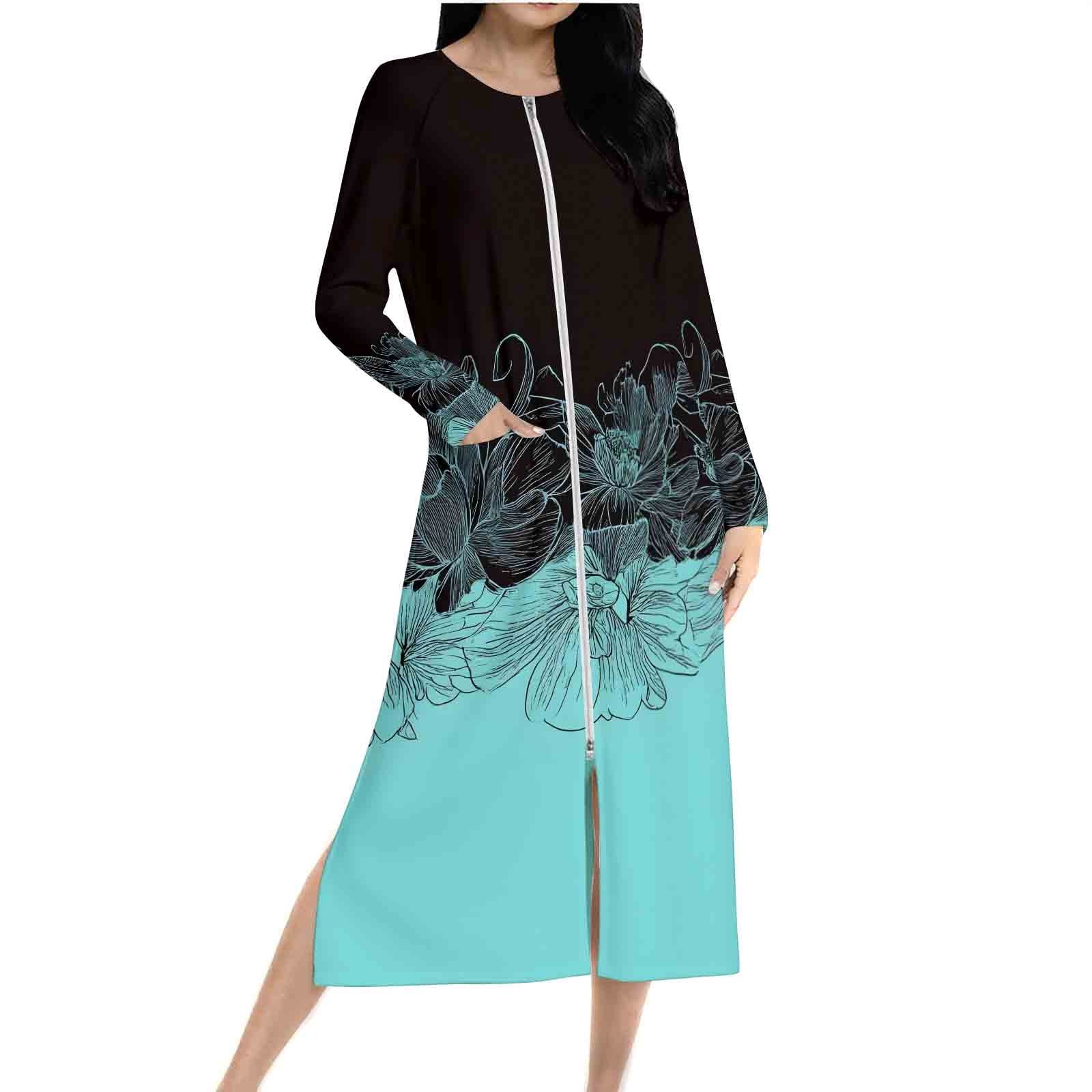 Gradient Robes for Women Flower Graphic Zipper Front Bathrobe Long ...