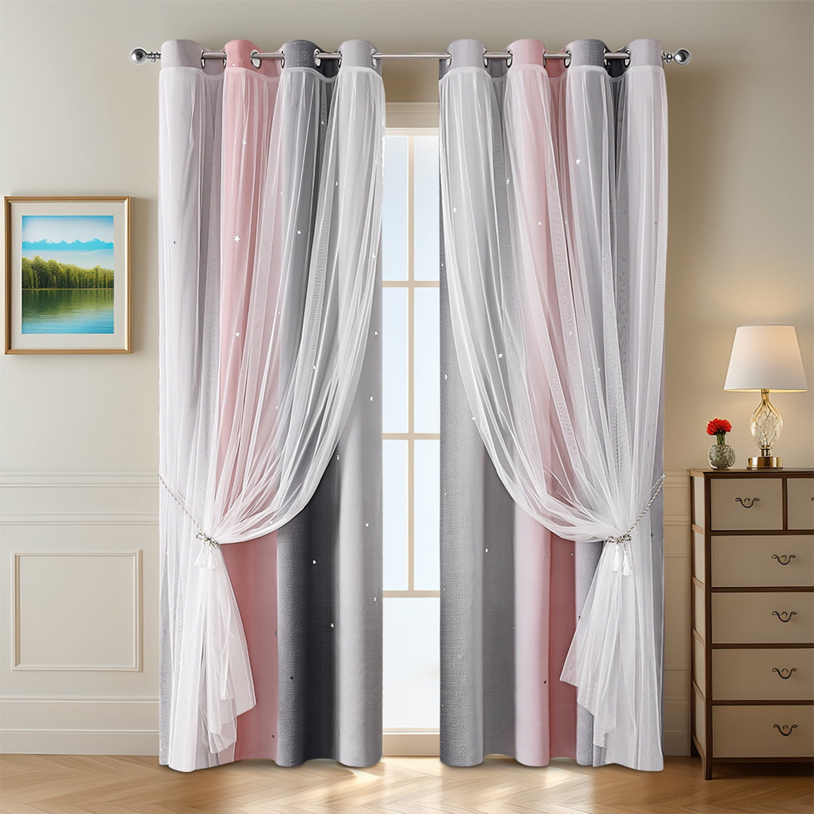 Gradient Striped Double-Layer Star Shade Curtain, Sheer Polyester with ...