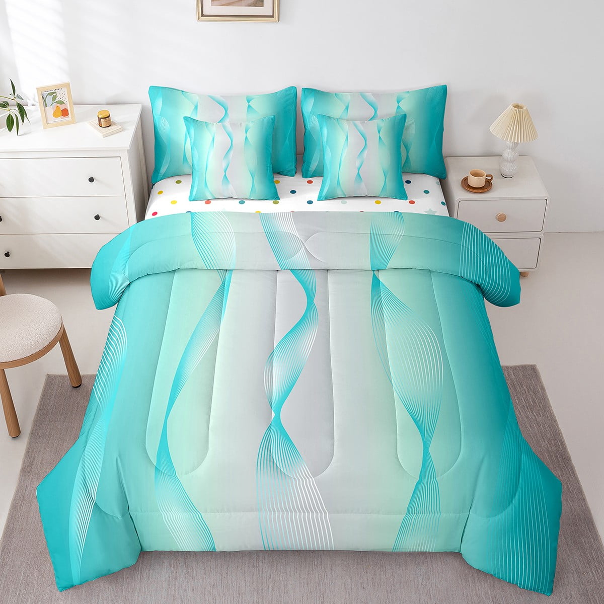 Gradient Teal and Greyish White Bed in a Bag King Size Comforter Set 7 ...