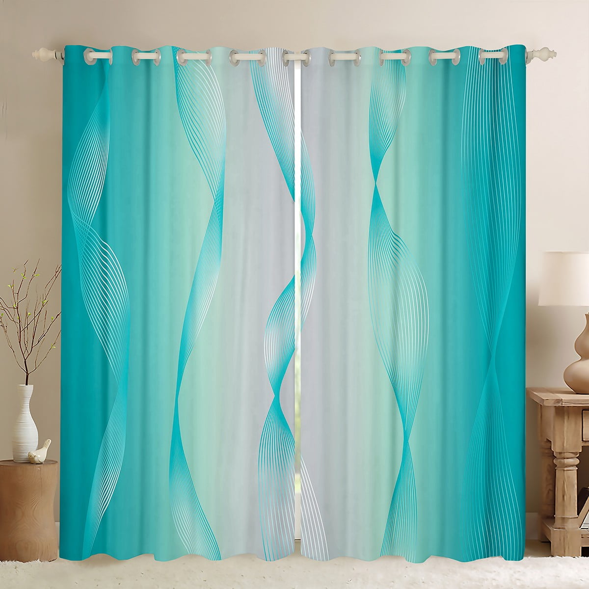 Gradient Teal and Greyish White Blackout Curtains Ombre Curtains ...