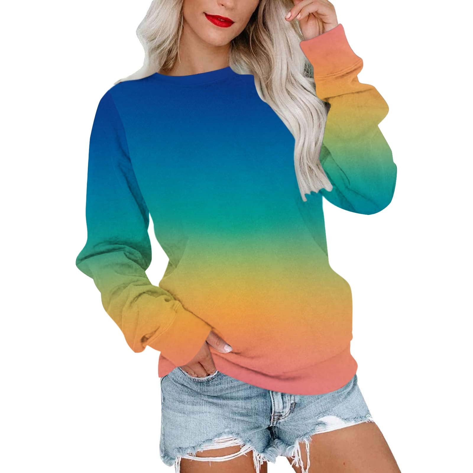 Gradient Tops for Women Fall Winter Casual Long Sleeve Crewneck Thin ...