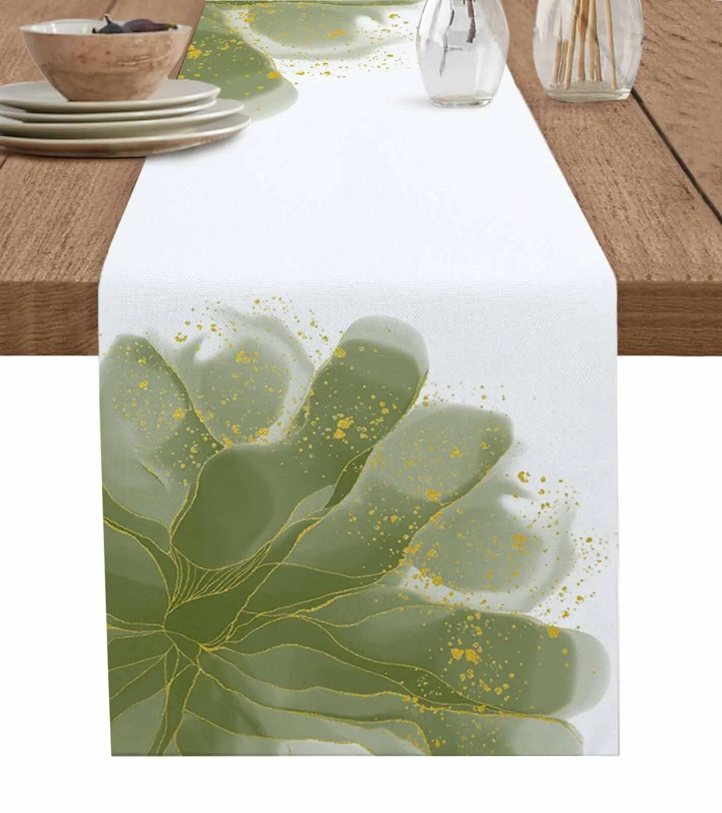 Gradient Watercolor Flower Sage Green Table Runner Cotton Linen Wedding ...