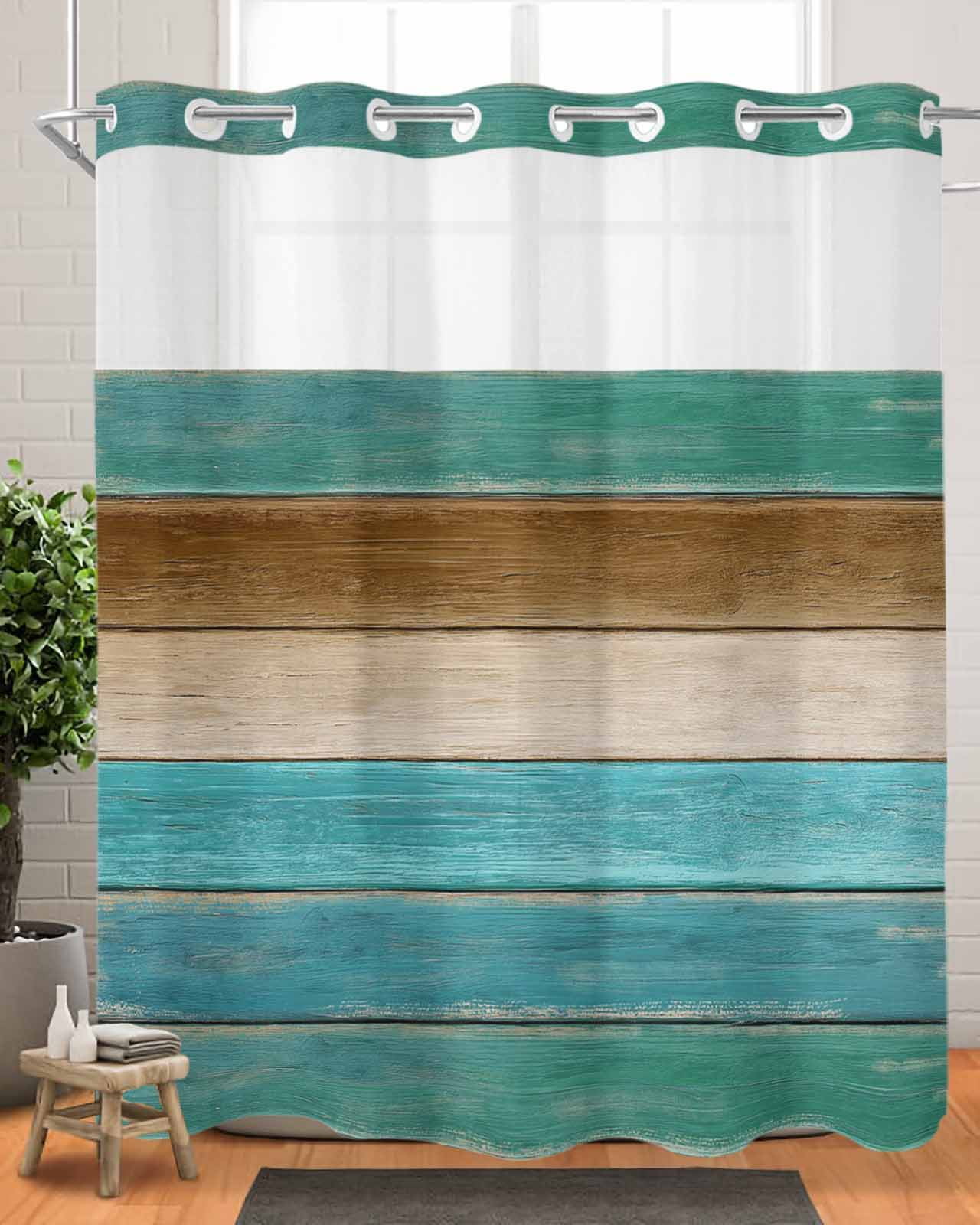 Gradient Wood Plank No Hook Shower Curtain with Snap in Liner, Vintage ...