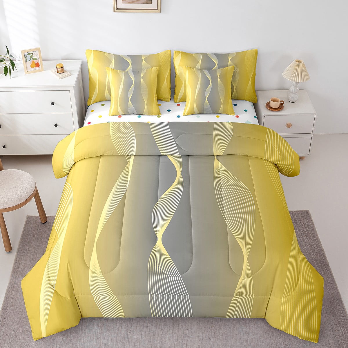 Gradient Yellow and Grey Comforter Set 7 Piece Bed in a Bag Twin,Silver ...