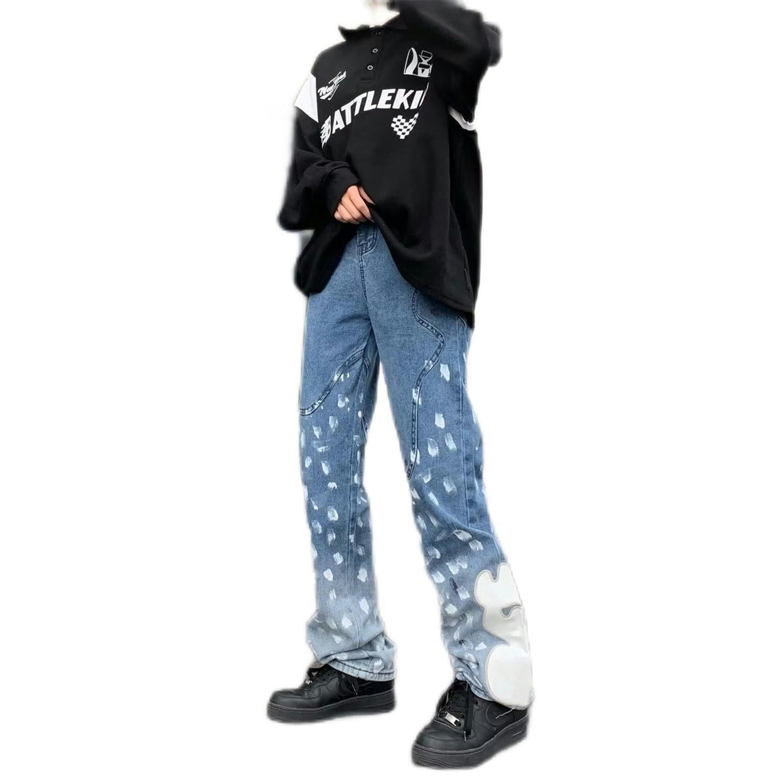 Gradient splash graffiti jeans straight leg loose old washed retro high ...