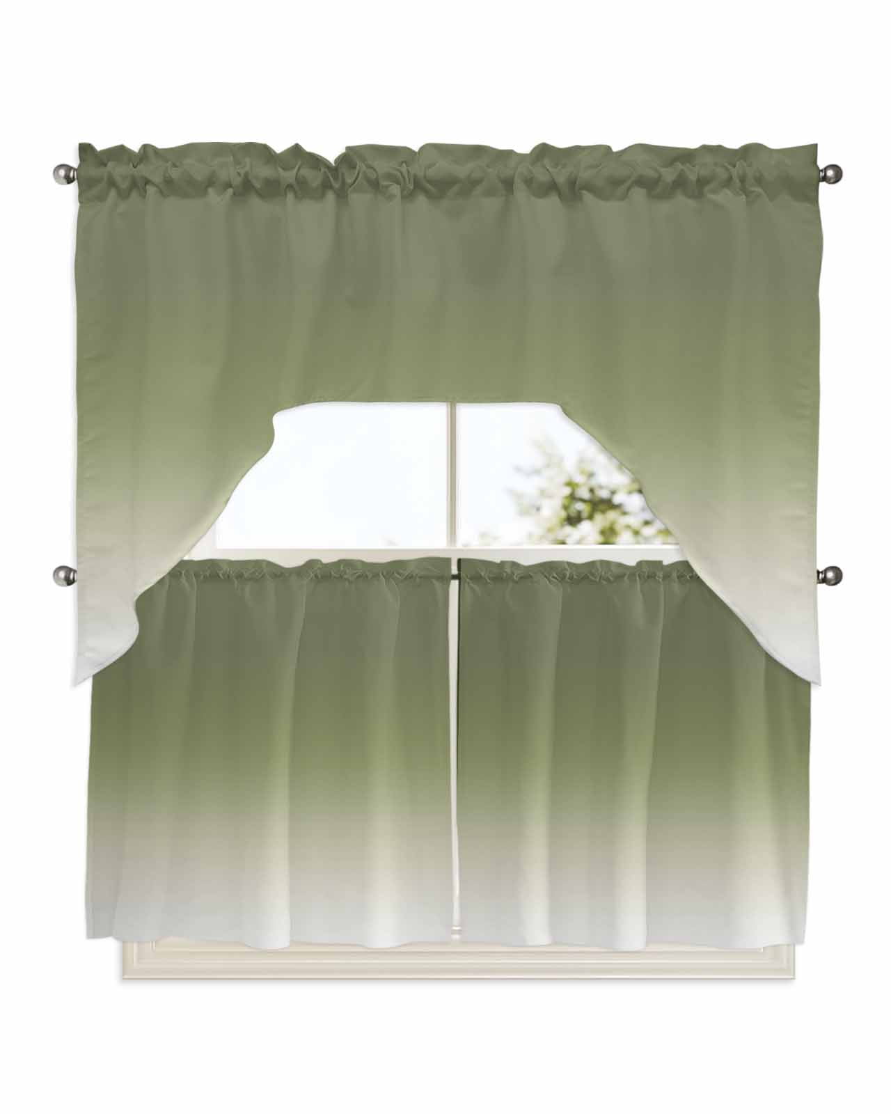 Gradual Sage Green, Solid Color Aesthetics Art Kitchen Curtains Swag Valance and Tier Curtains ...