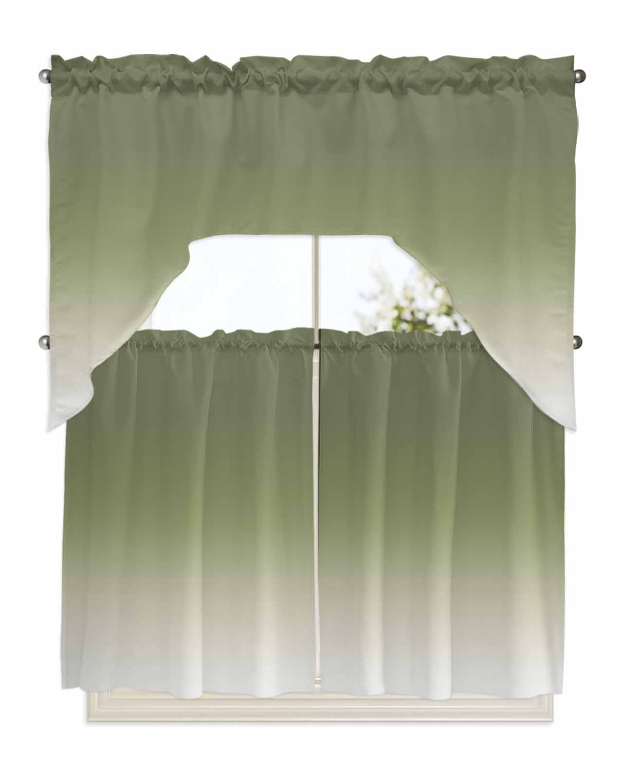 Gradual Sage Green, Solid Color Aesthetics Art Kitchen Curtains Swag Valance and Tier Curtains ...