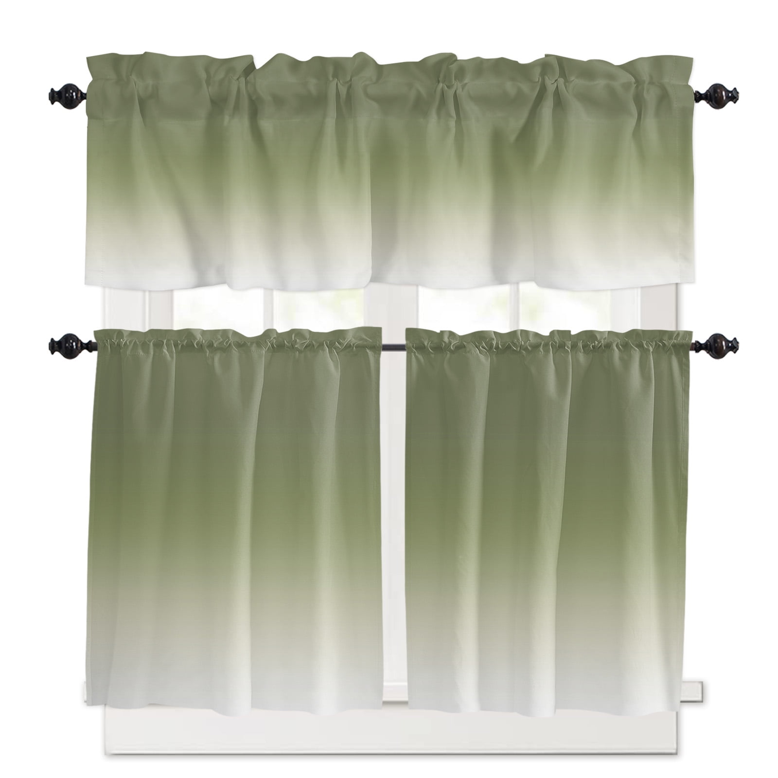 Gradual Sage Green, Solid Color Aesthetics Art Kitchen Curtains and Valances Set, 3 Piece ...