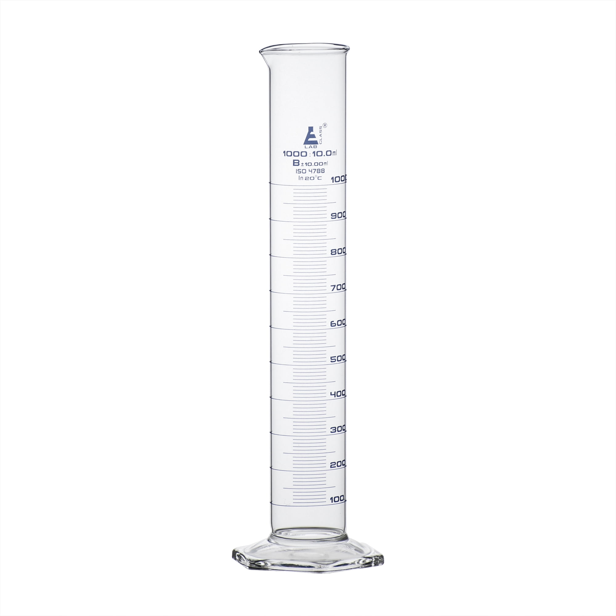 Graduated Cylinder, 1000ml - Class B Tolerance ?10.0ml - Hexagonal Base - Blue Graduations ...