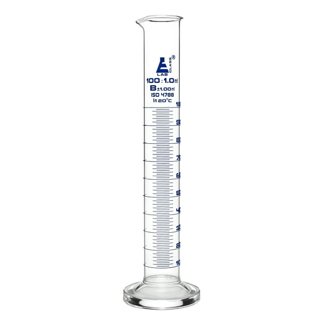 Graduated Cylinder, 100ml - Class B Tolerance ?1.00ml - Round Base - Blue Graduations ...