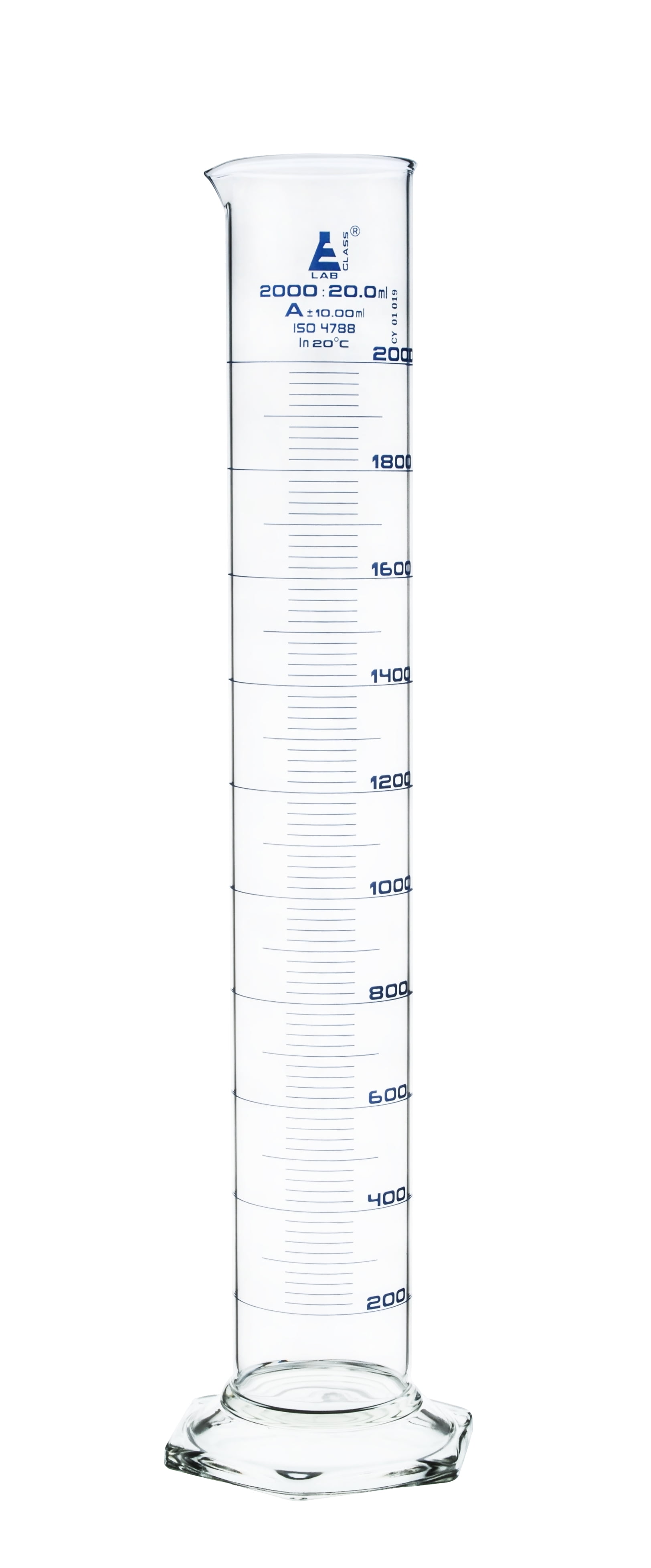 Graduated Cylinder, 2000ml - Class A Tolerance ?10.0ml - Hexagonal Base - Blue Graduations ...