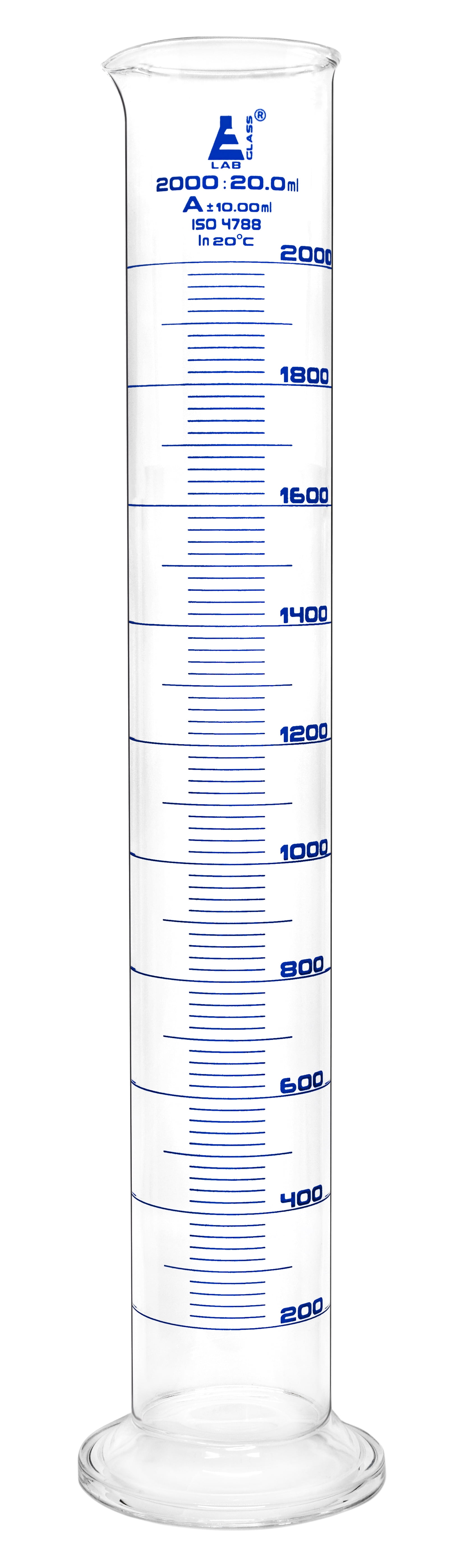 Graduated Cylinder, 2000ml - Class A Tolerance ?10.0ml - Round Base - Blue Graduations ...
