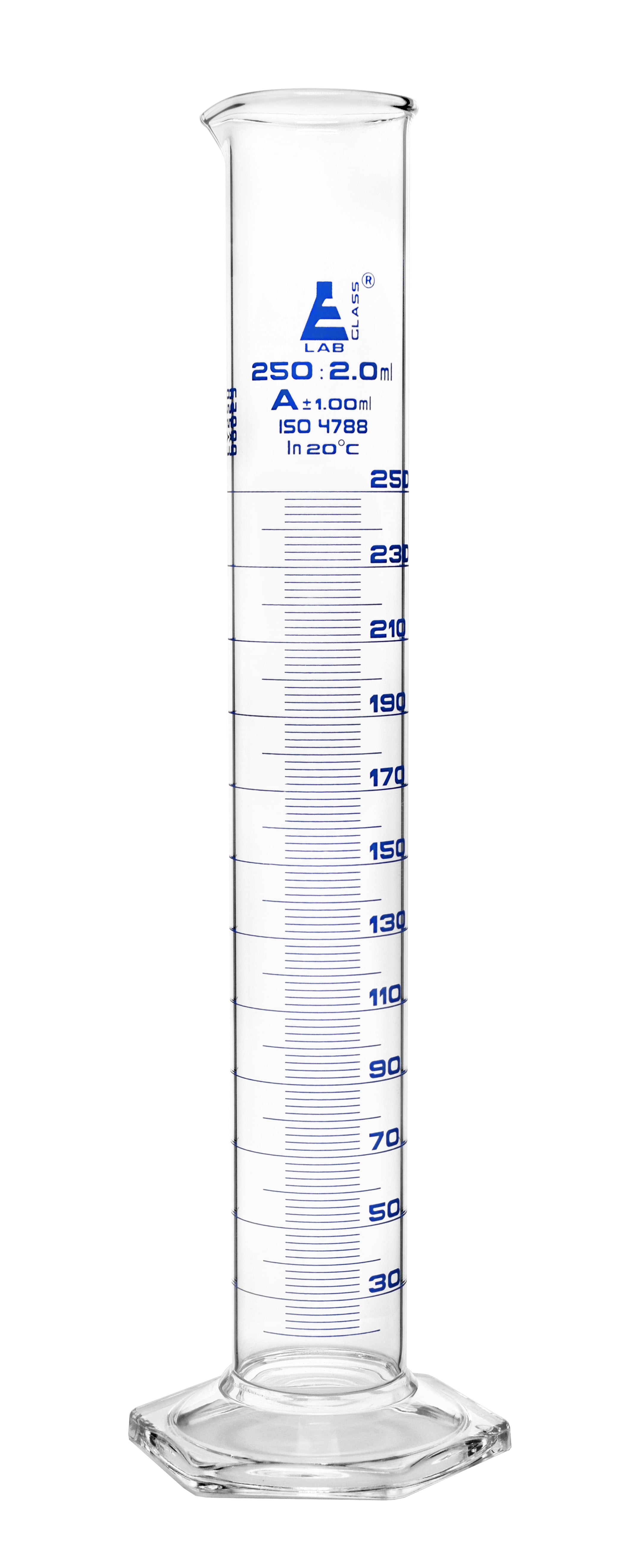 Graduated Cylinder, 250ml - Class A Tolerance ?1.00ml - Hexagonal Base - Blue Graduations ...