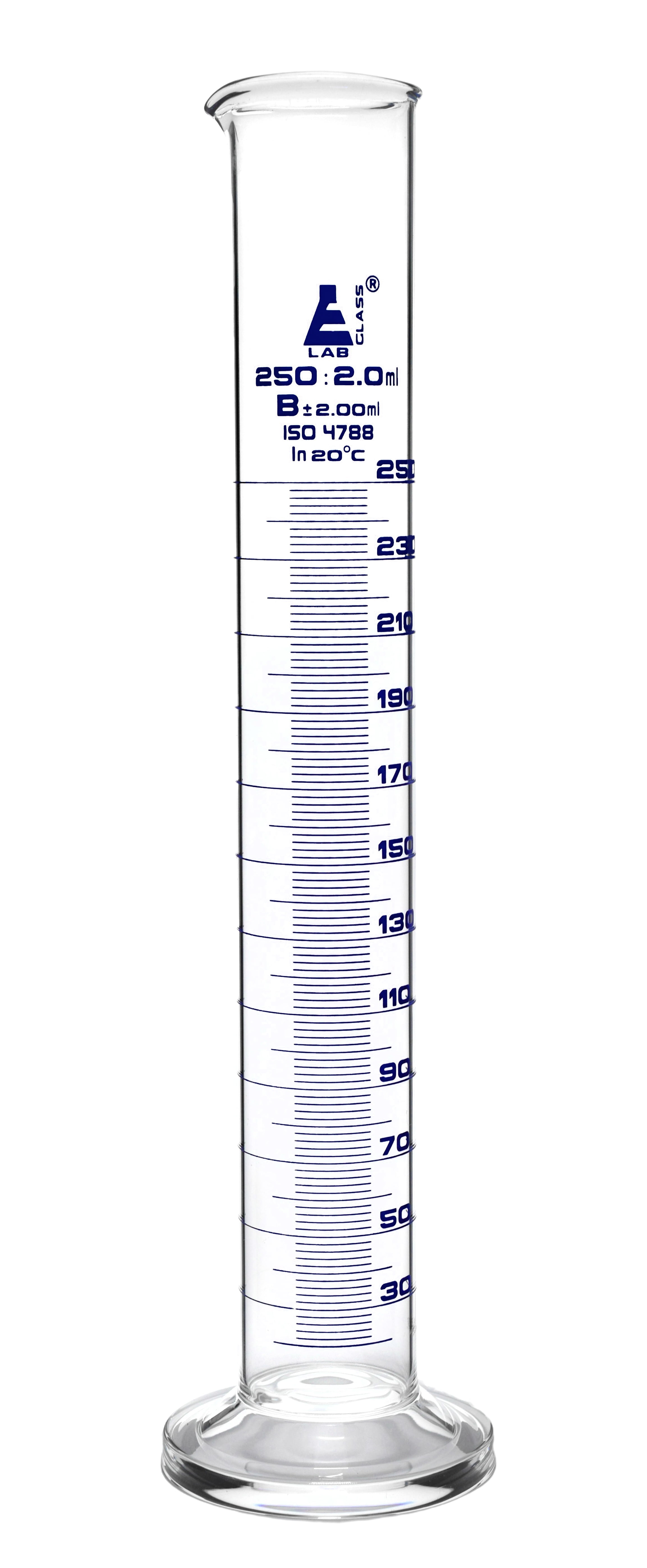 Graduated Cylinder, 250ml - Class B Tolerance ?2.00ml - Round Base - Blue Graduations ...