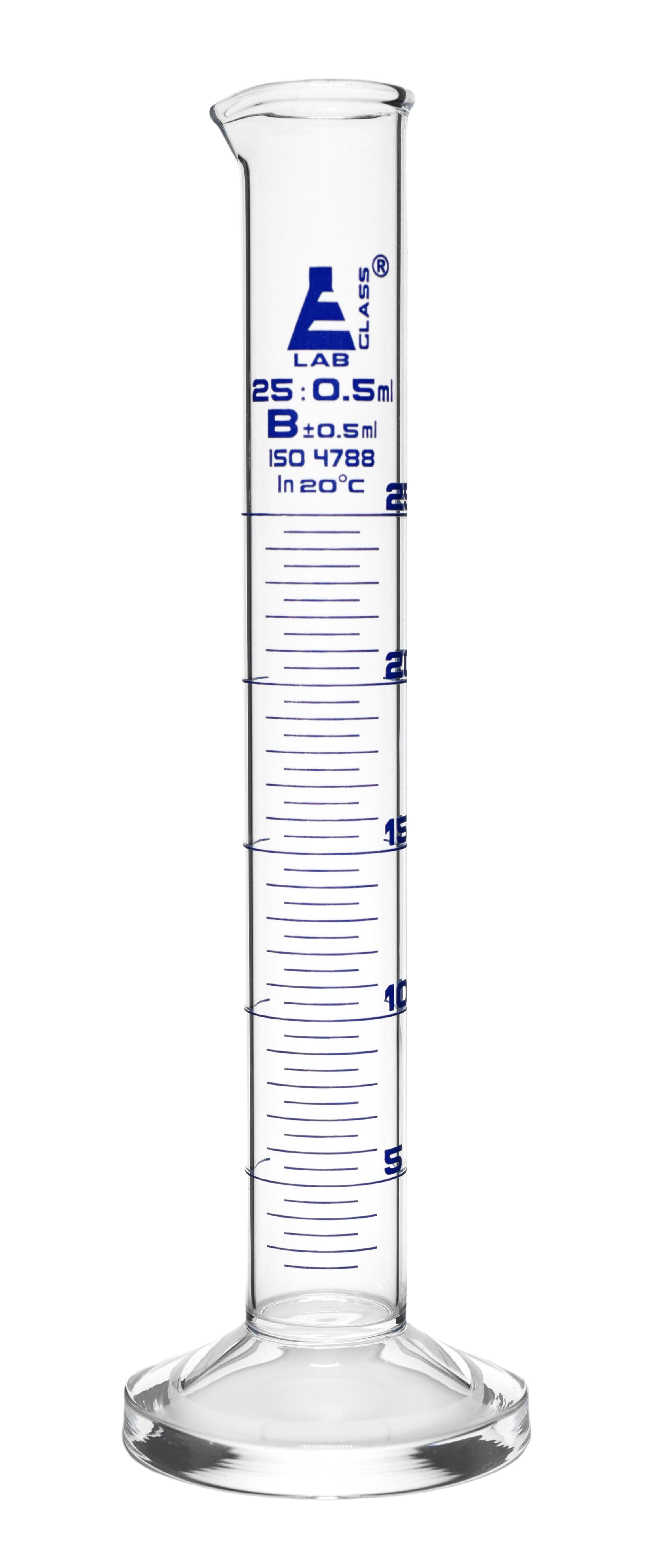 Graduated Cylinder, 25mL - Class B Tolerance ±0.50mL - Round Base - Blue Graduations ...