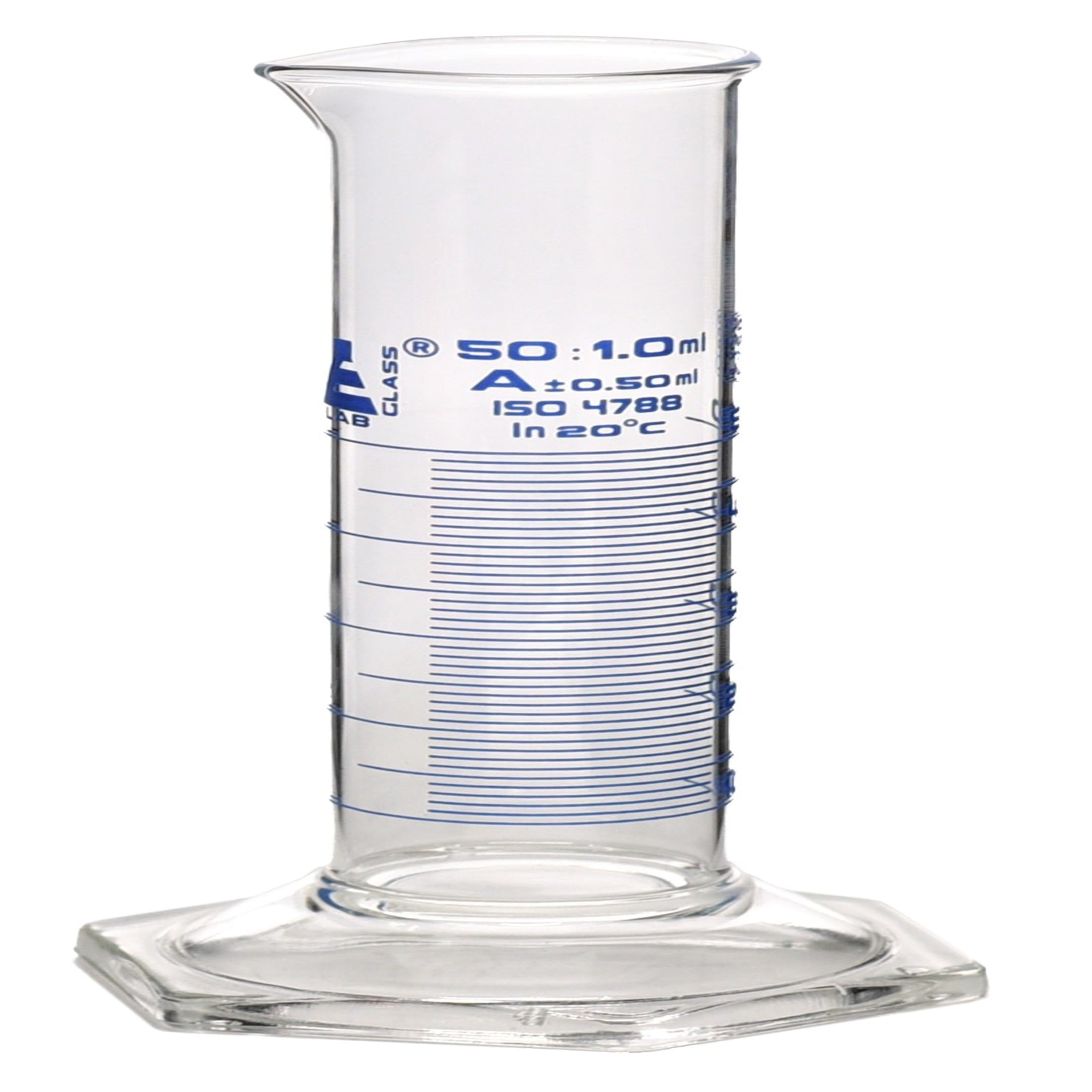 Graduated Cylinder, 50mL - Class A, Tolerance: ±1.00mL - Squat Form, Blue Graduations ...