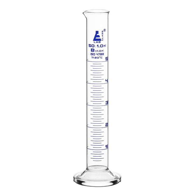 Graduated Cylinder, 50ml - Class B Tolerance ?1.00ml - Round Base - Blue Graduations ...