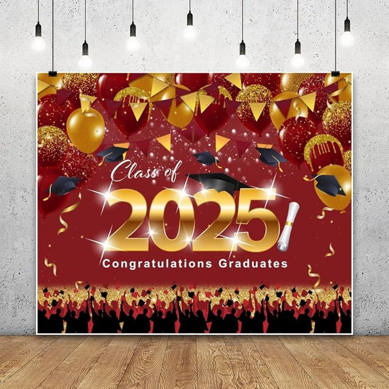 GraduatedPhotograpy Backdrop Red and Gold Balloon Congratulations Grad ...