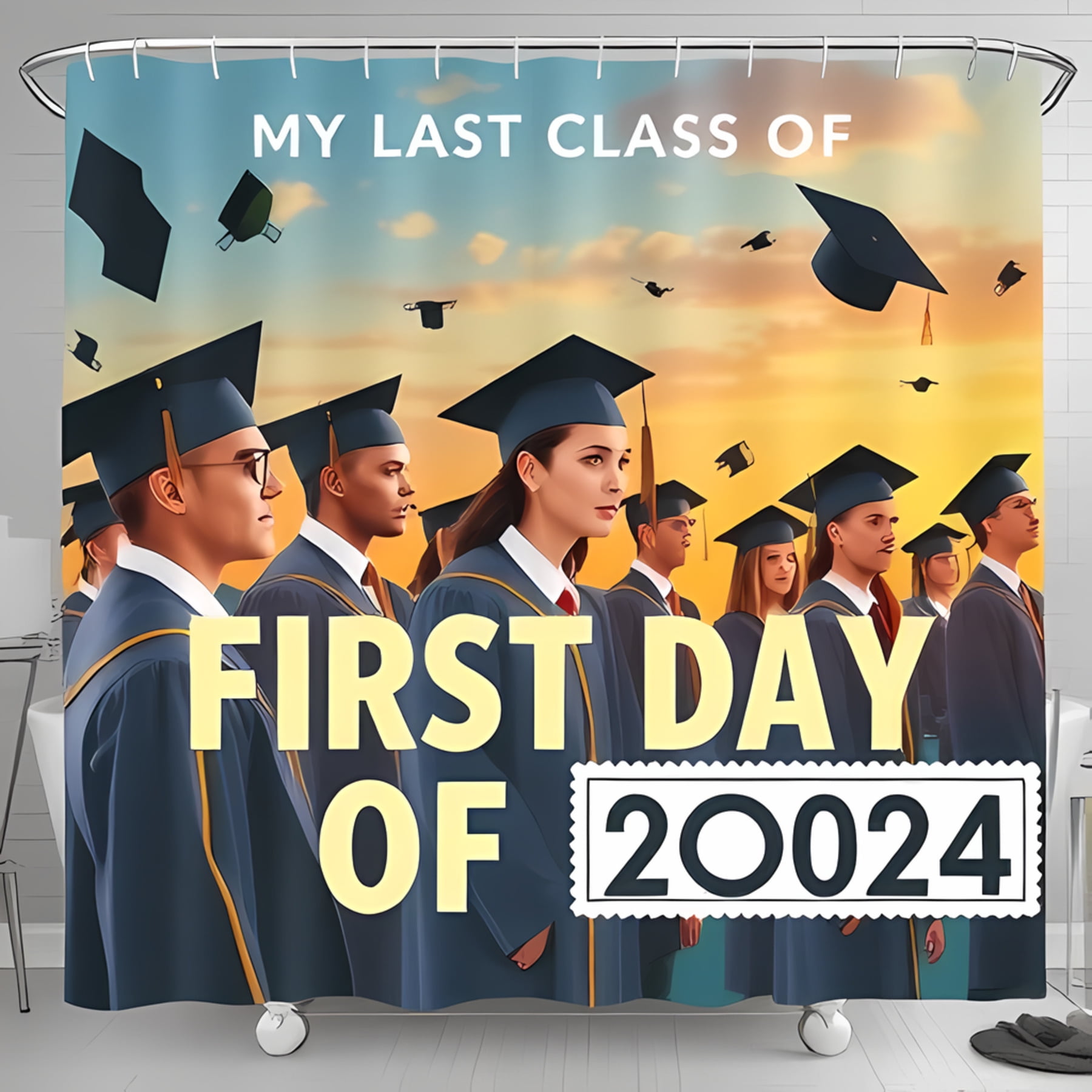 Graduation 2024 Shower Curtain - Vibrant Sunset Design with Graduates ...