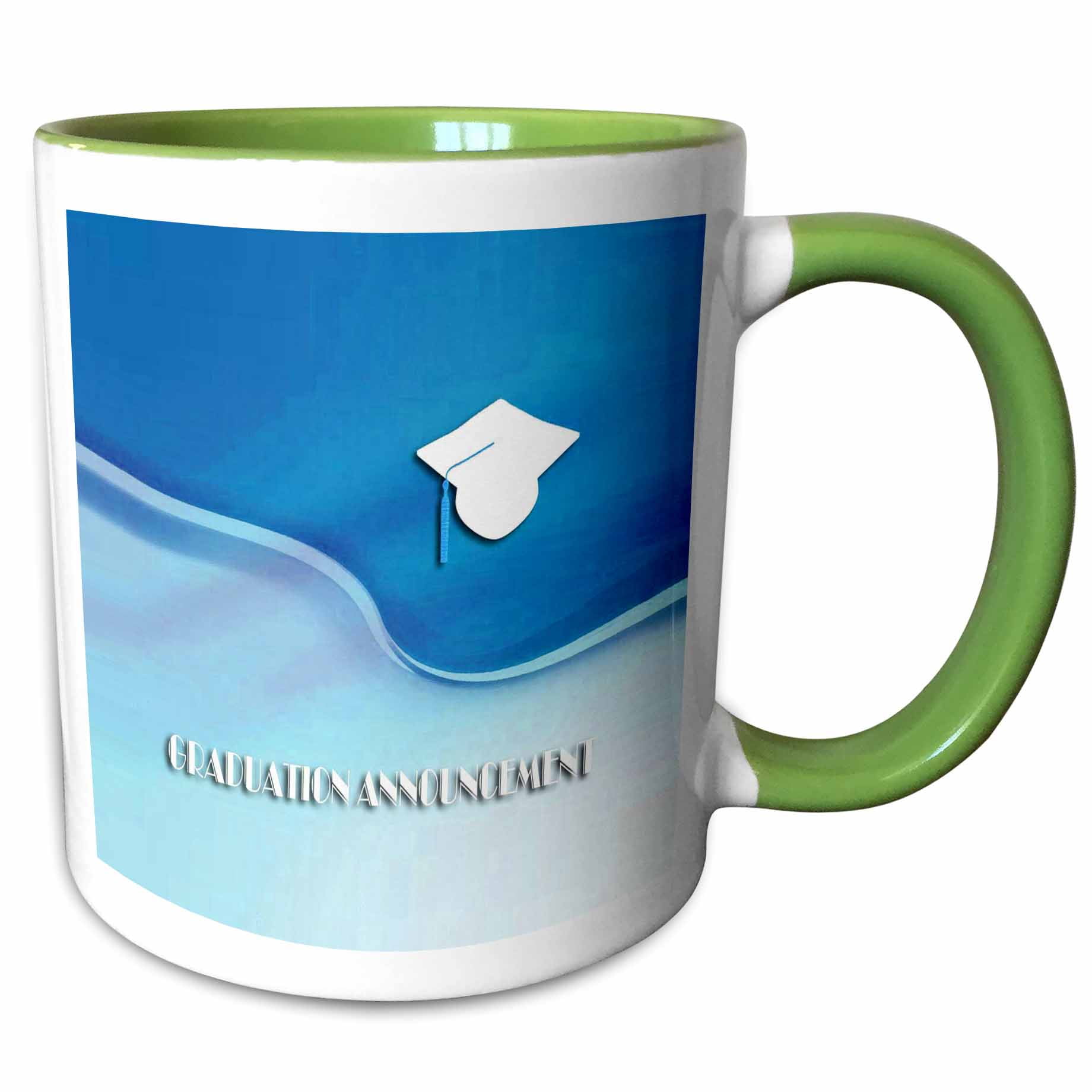 Graduation Announcement, White Cap on Aqua Wave 15oz Two-Tone Green Mug ...