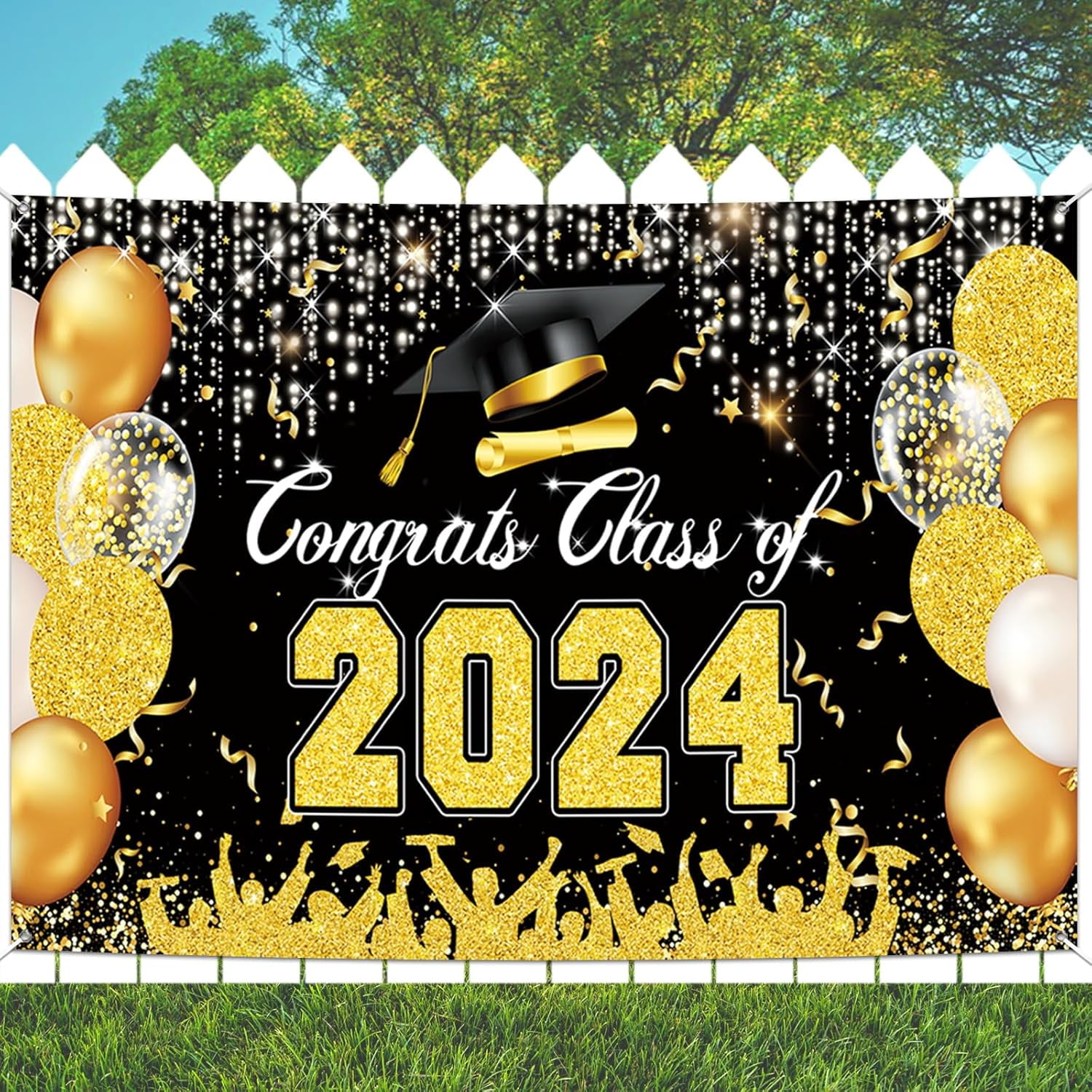 Graduation Backdrop 2024, Black Gold Graduation Banner, Congrats Grad ...