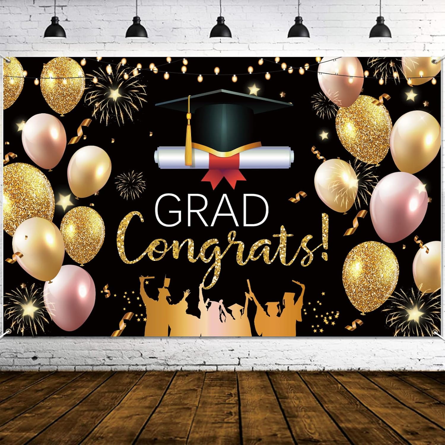 Graduation Backdrop 2024, Black Gold Graduation Banner Decorations ...