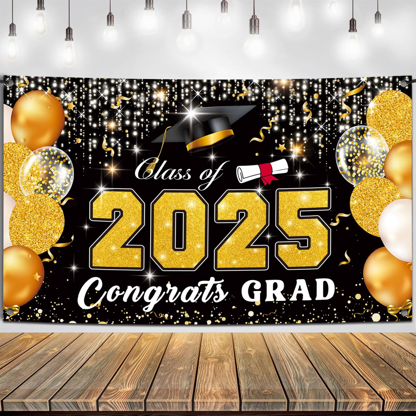 Graduation Backdrop 2025, Black STF9 Gold Graduations Banner, Congrats ...