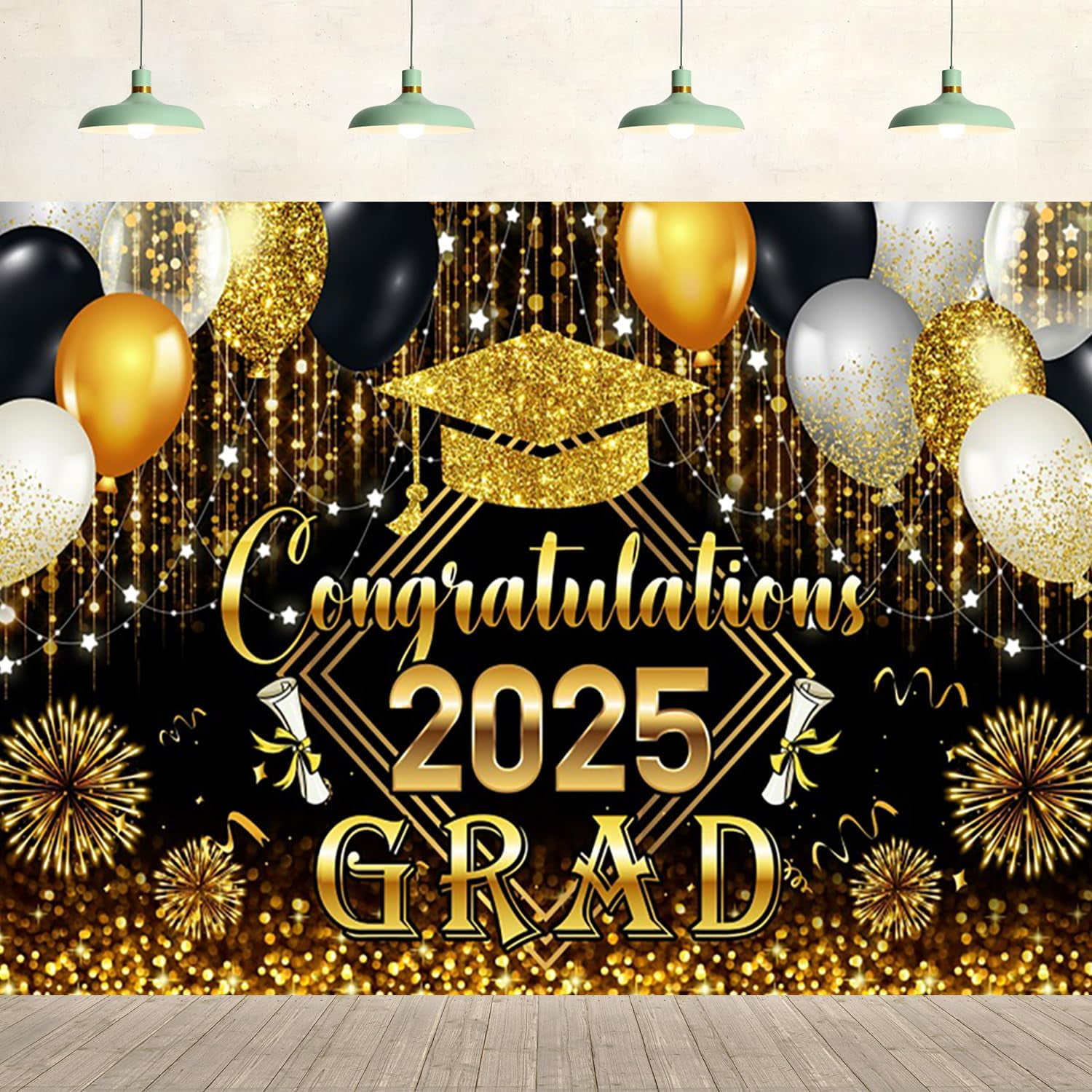Graduation Backdrop 2025 Congratulations Grad Black Gold Celebration ...