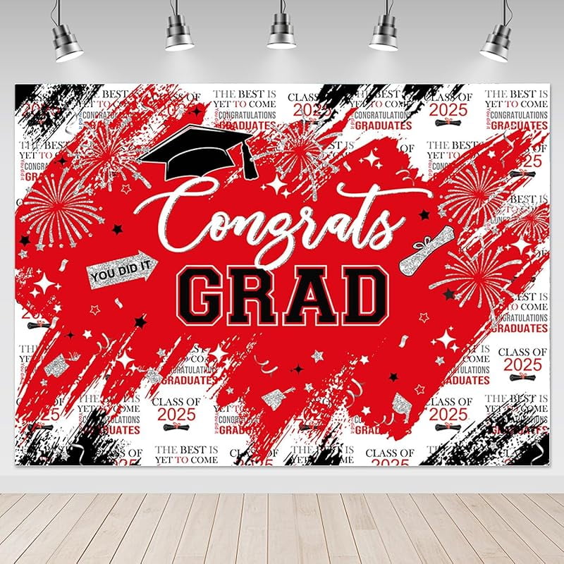 Graduation Backdrop 7x5ft Congrats Grad Red Graduate Party Decorations ...