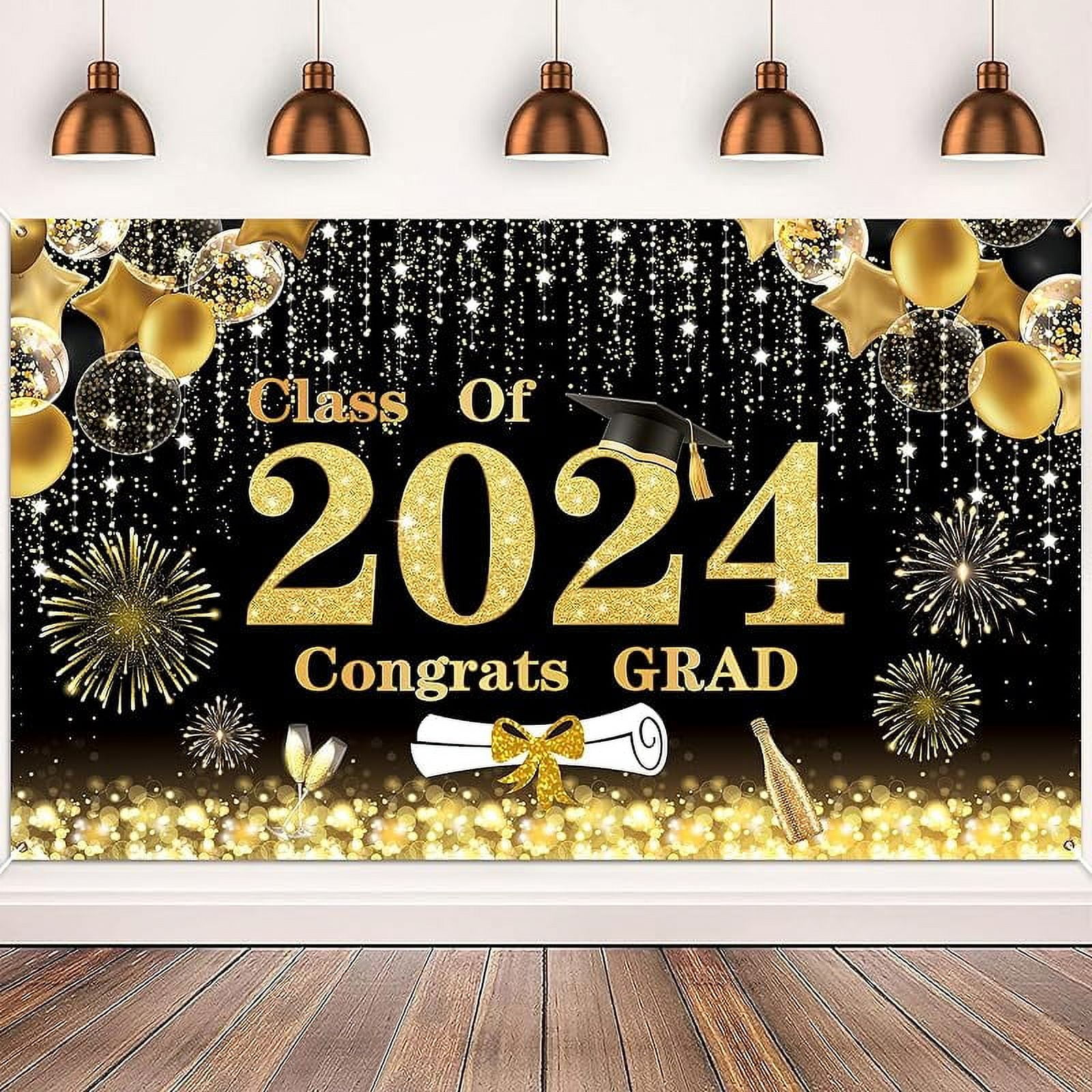 Graduation Backdrop Banner, Black and Gold Class of 2024 Congrats Grad ...