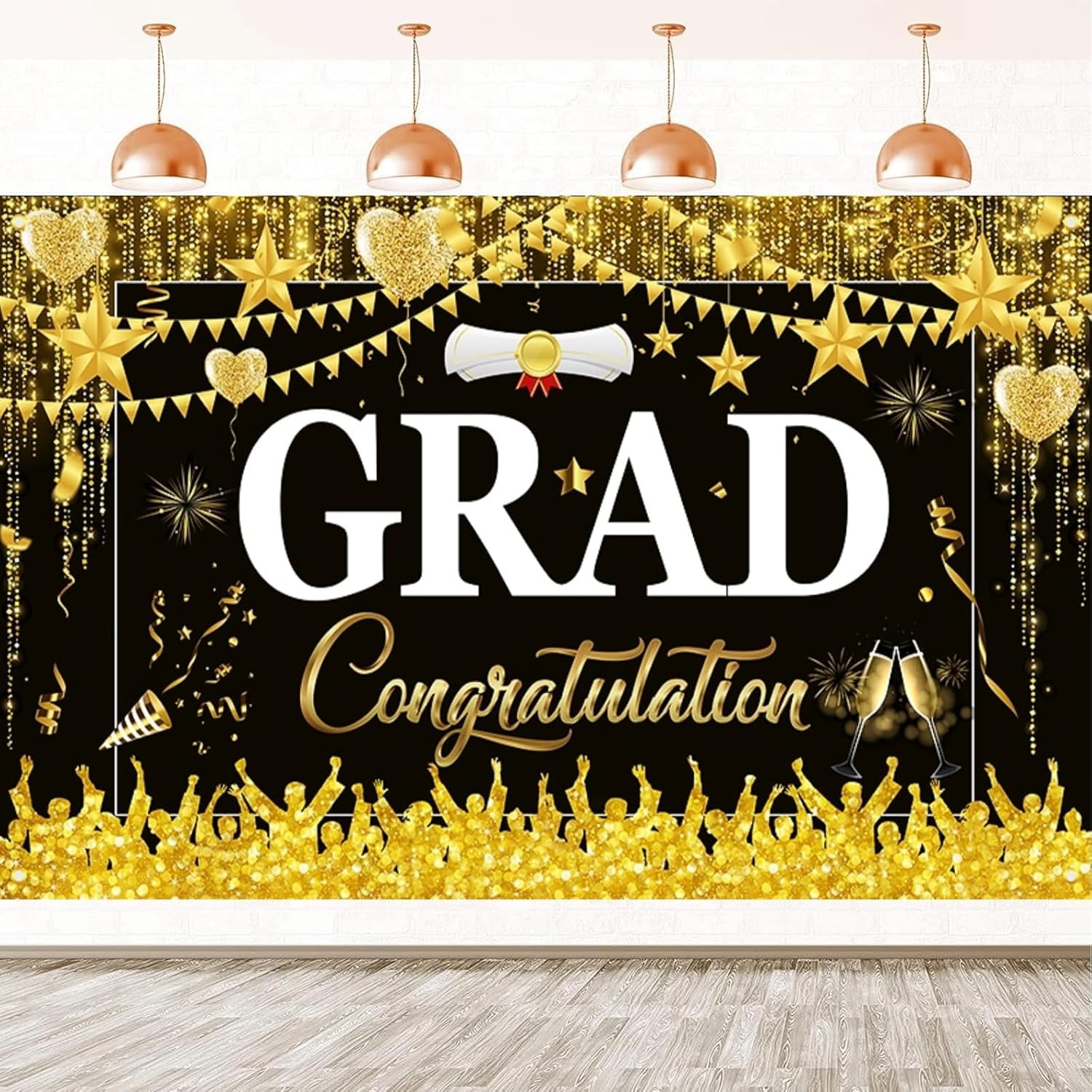 Graduation Backdrop Banner Black Gold Congrats Grad Banner Graduation ...