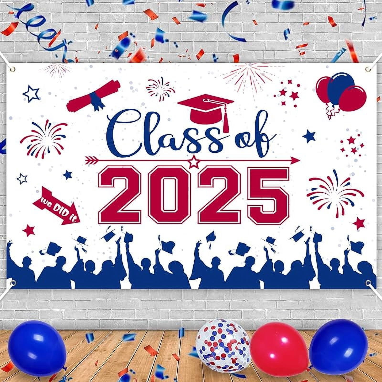 Graduation Backdrop Banner, Navy Blue and Silver Graduation Banner ...