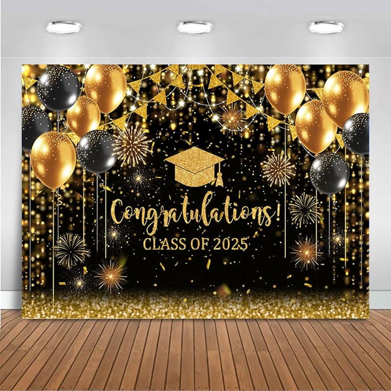 Graduation Backdrop Class of 2025 Decorations Black and Gold Bokeh 2025 ...