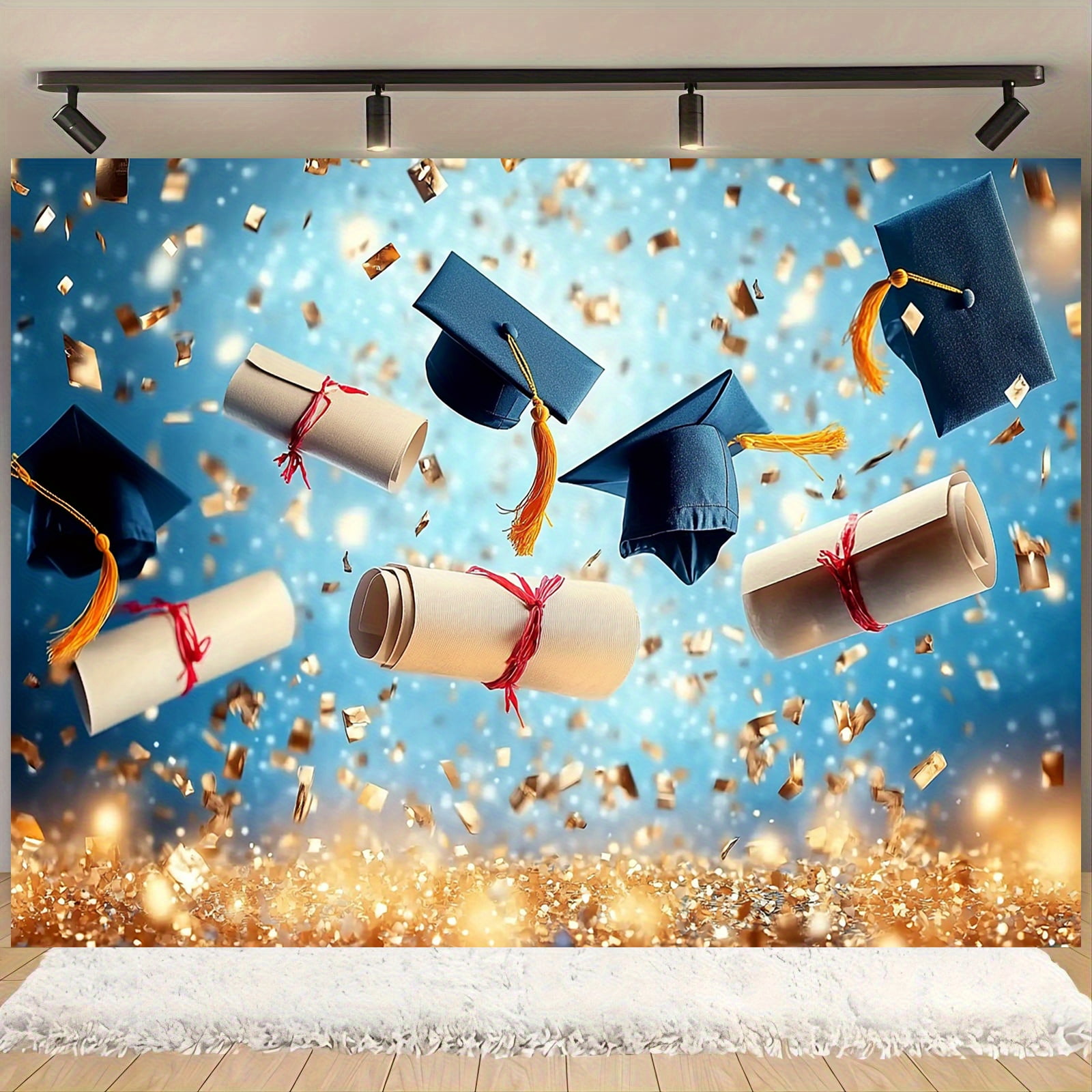 Graduation Backdrop Cloth with Diplomas, Caps & Golden Confetti ...