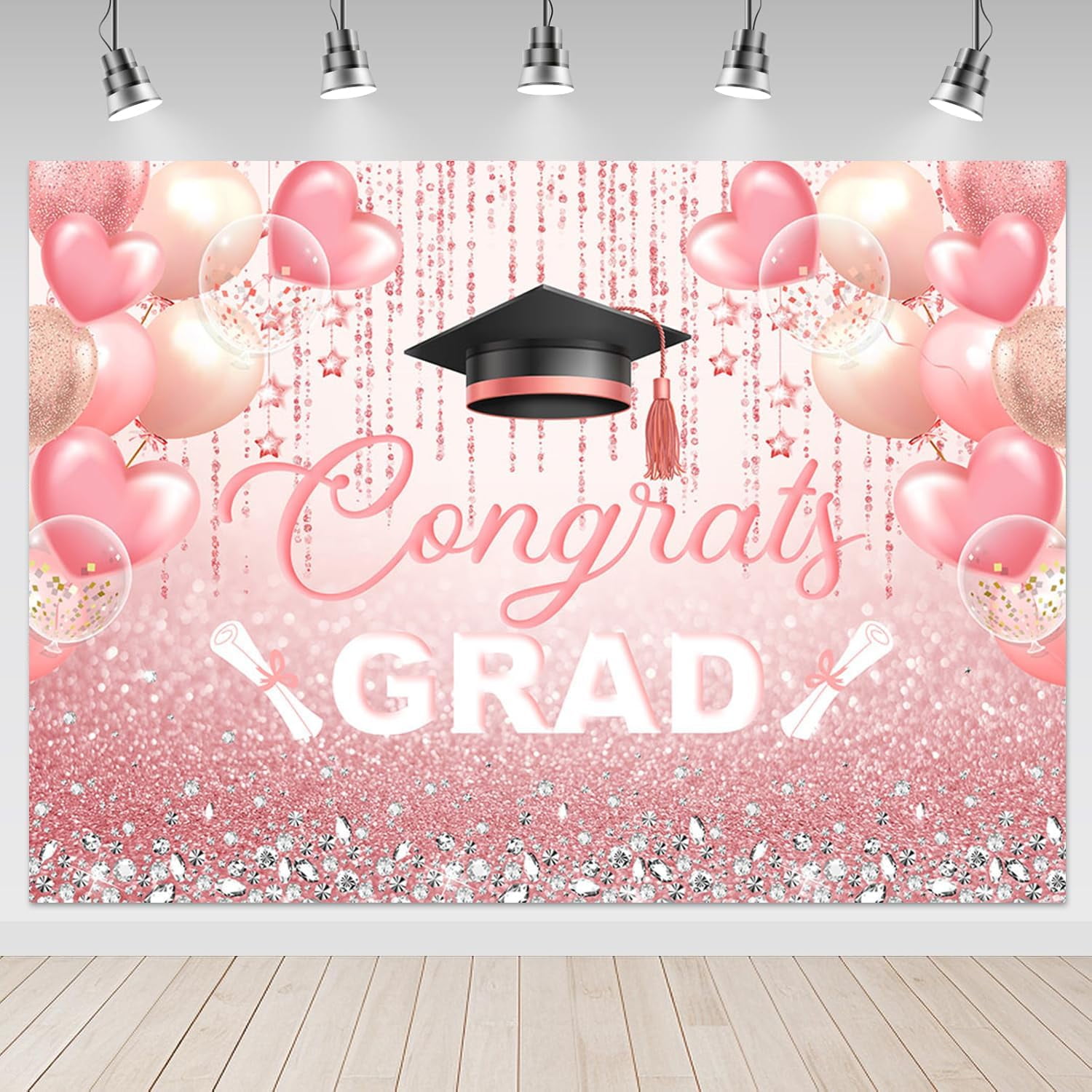 Graduation Backdrop Congrats Grad Graduate Pink and Diamond Party ...