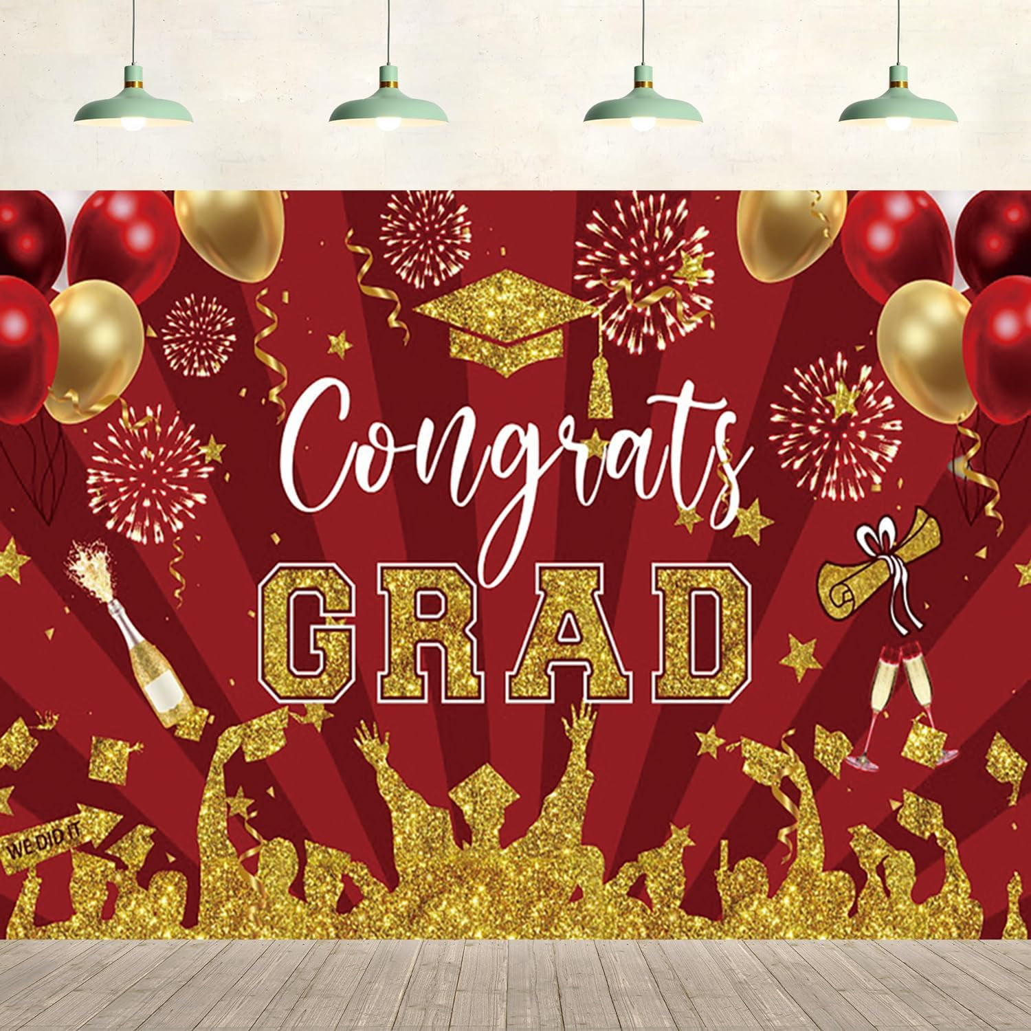 Graduation Backdrop Congrats Grad Red Gold Congratulation Celebration ...