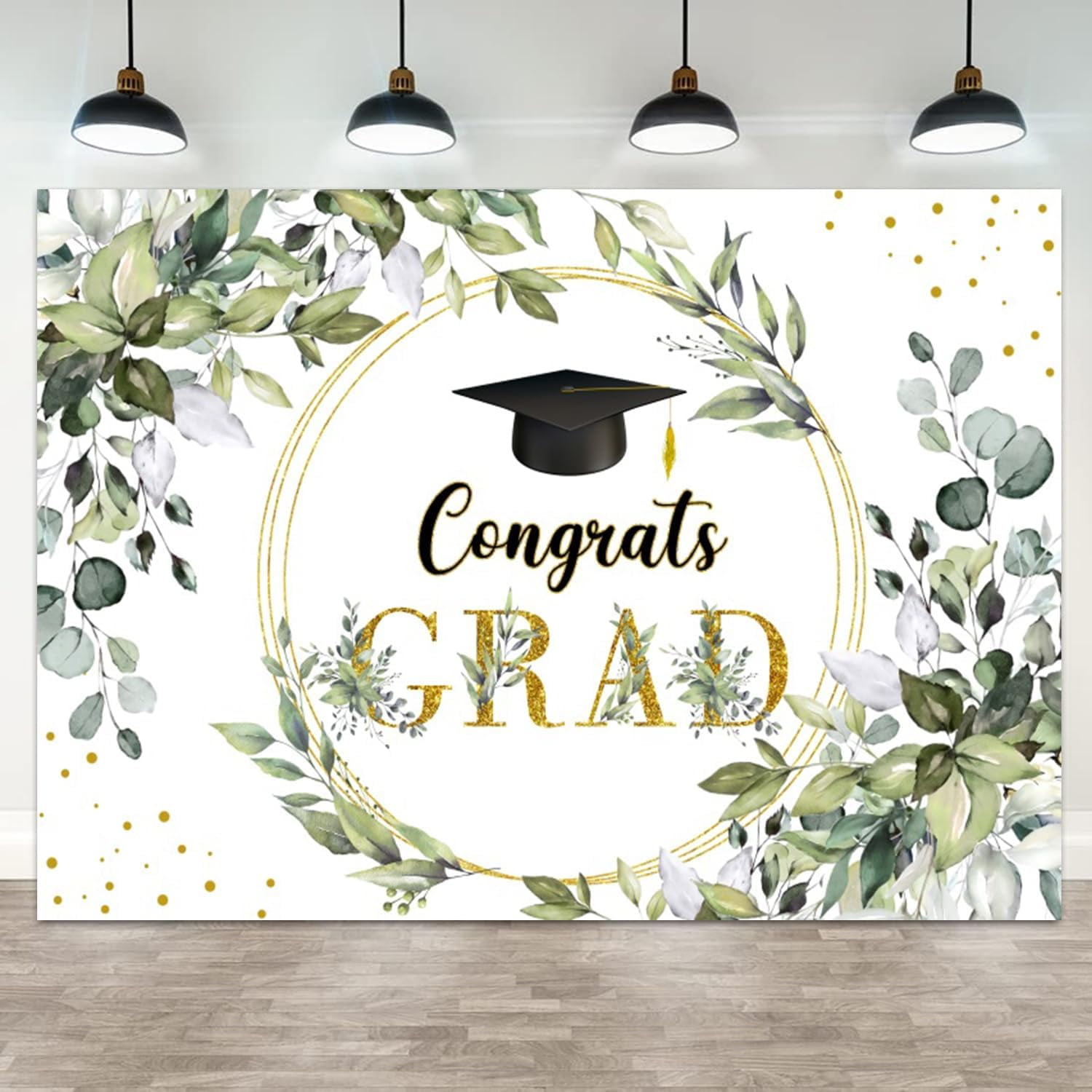 Graduation Backdrop Decor Congrats Grad Cap Golden Dots Green Leaf ...