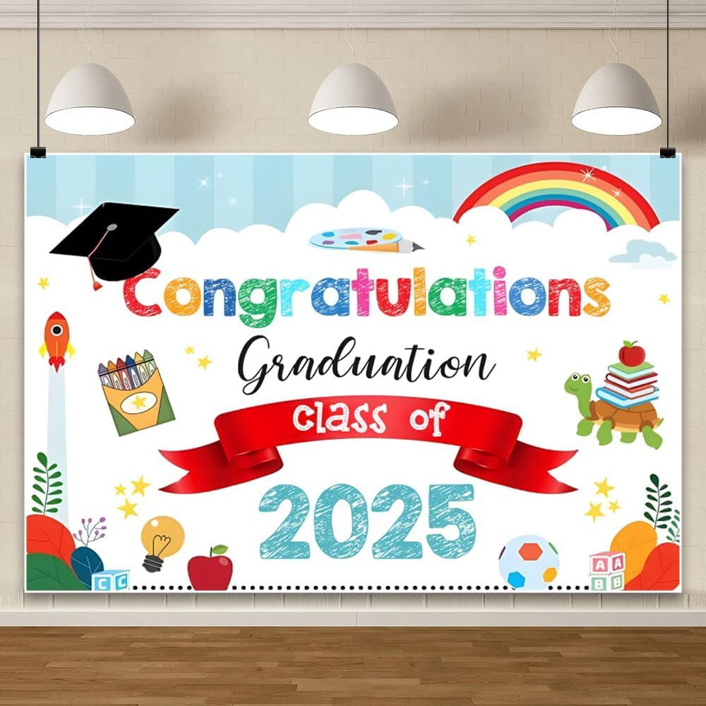 Graduation Backdrop Decorations 2025 Cartoon Rainbow Kindergarten Class ...
