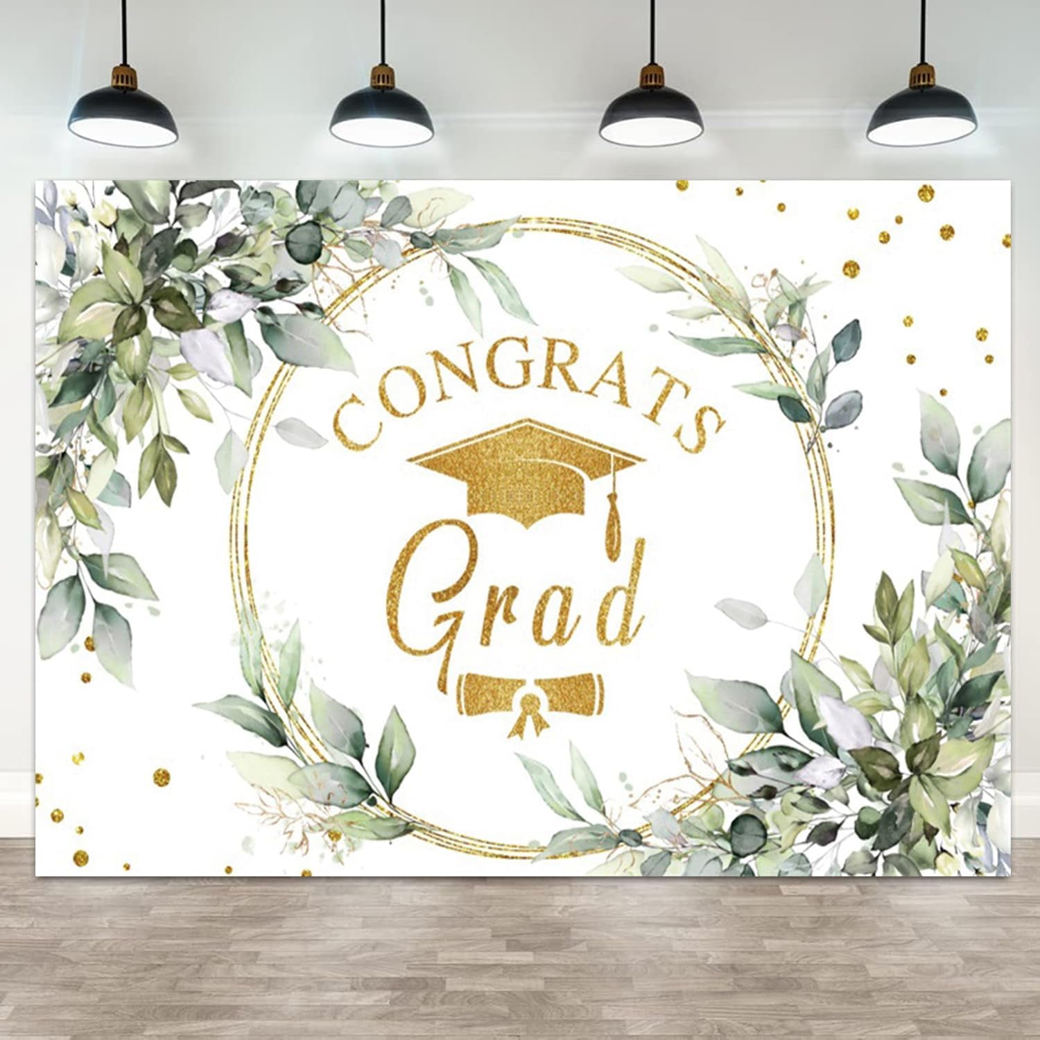 Graduation Backdrop Gold Grad Cap Green Leaf Photo Booth Background for ...