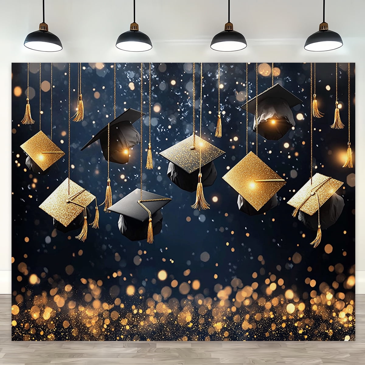 Graduation Backdrop Golden And Black Graduation Caps Backdrop Stylish ...