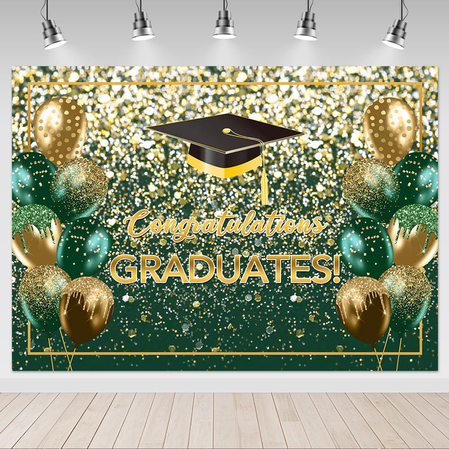 Graduation Backdrop Green and Gold Glitter Class of 2025 Congrats Grad ...