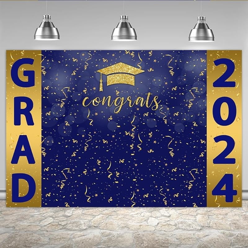 Graduation Backdrop Navy Blue and Gold Class of 2024 Congradulation ...