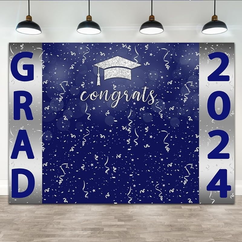 Graduation Backdrop Navy Blue and Gold Class of 2024 Congradulation ...