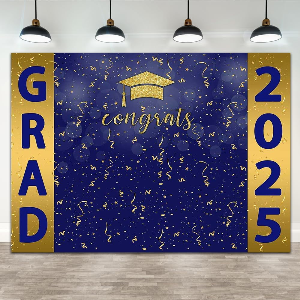 Graduation Backdrop Navy Blue and Gold Class of 2025 Congratulation ...