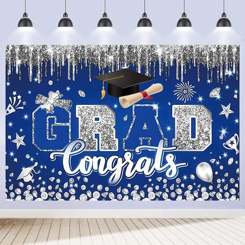 Graduation Backdrop Navy Blue and Silver Congrats Grad Banner Class of ...