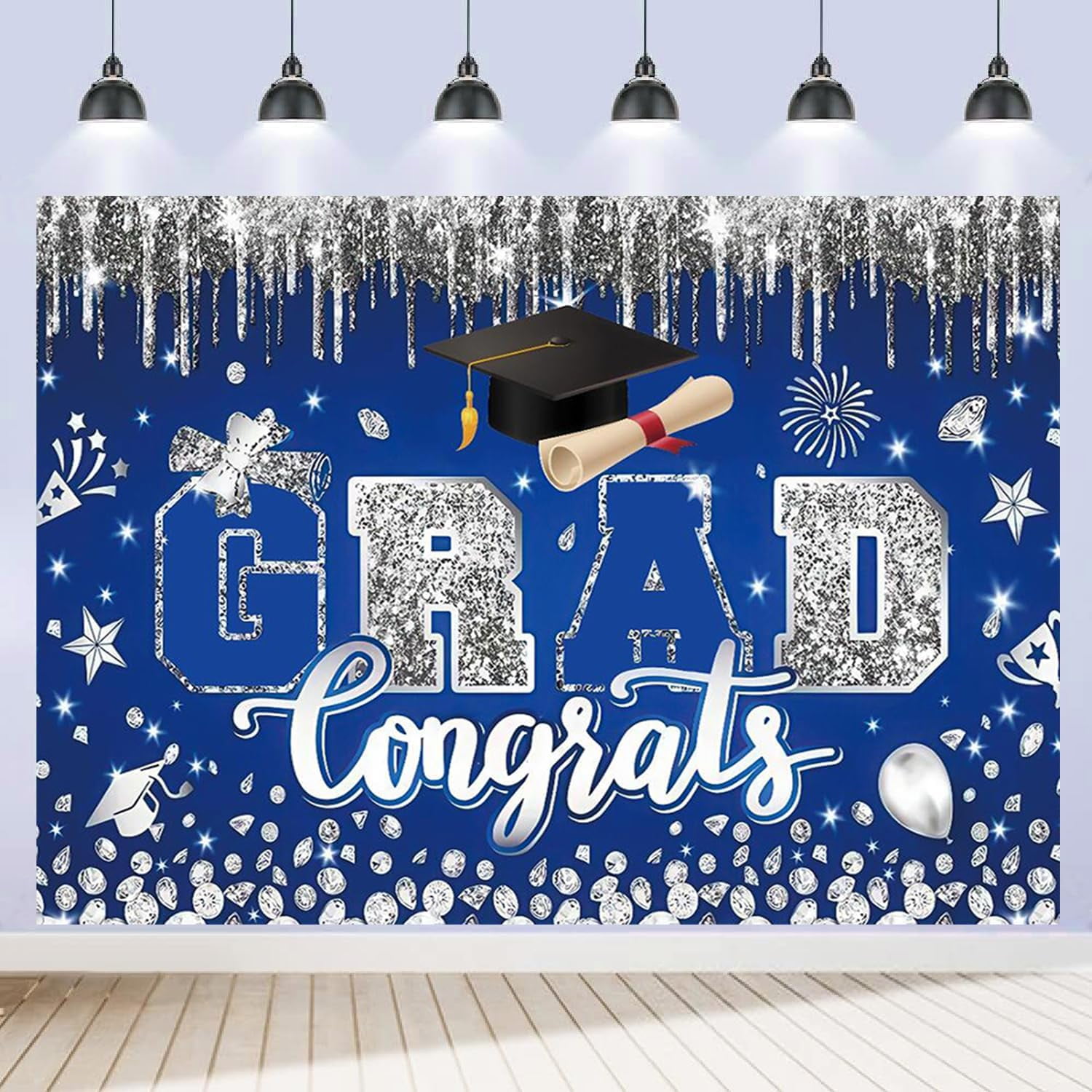 Graduation Backdrop Navy Blue and Silver Congrats Grad Banner Class of ...