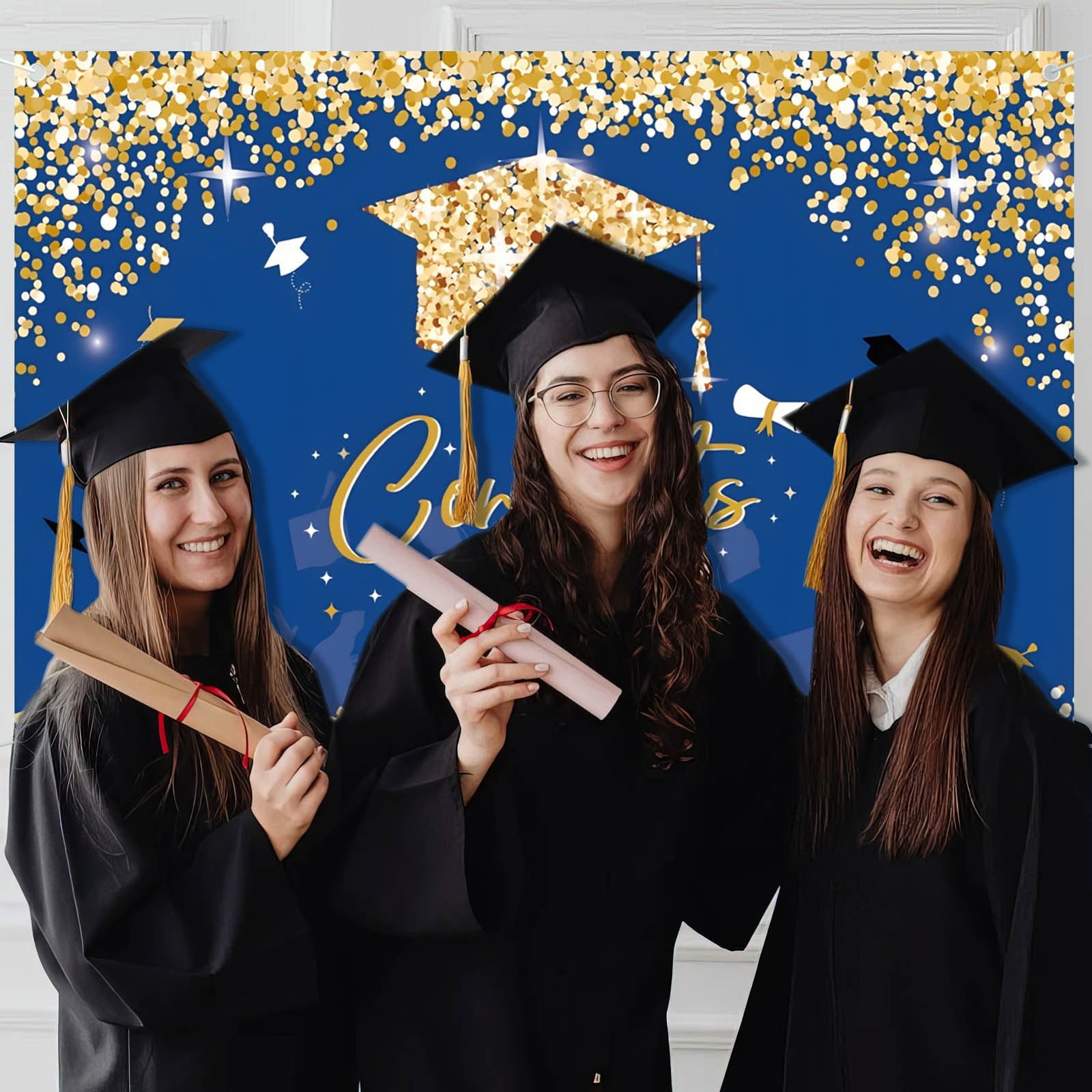 Graduation Backdrop Navy Blue and Gold Class of 2025 Backdrops Congrats ...