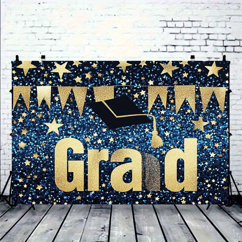 Graduation Backdrop with Sparkling Stars, Golden Banners & Cap Design ...
